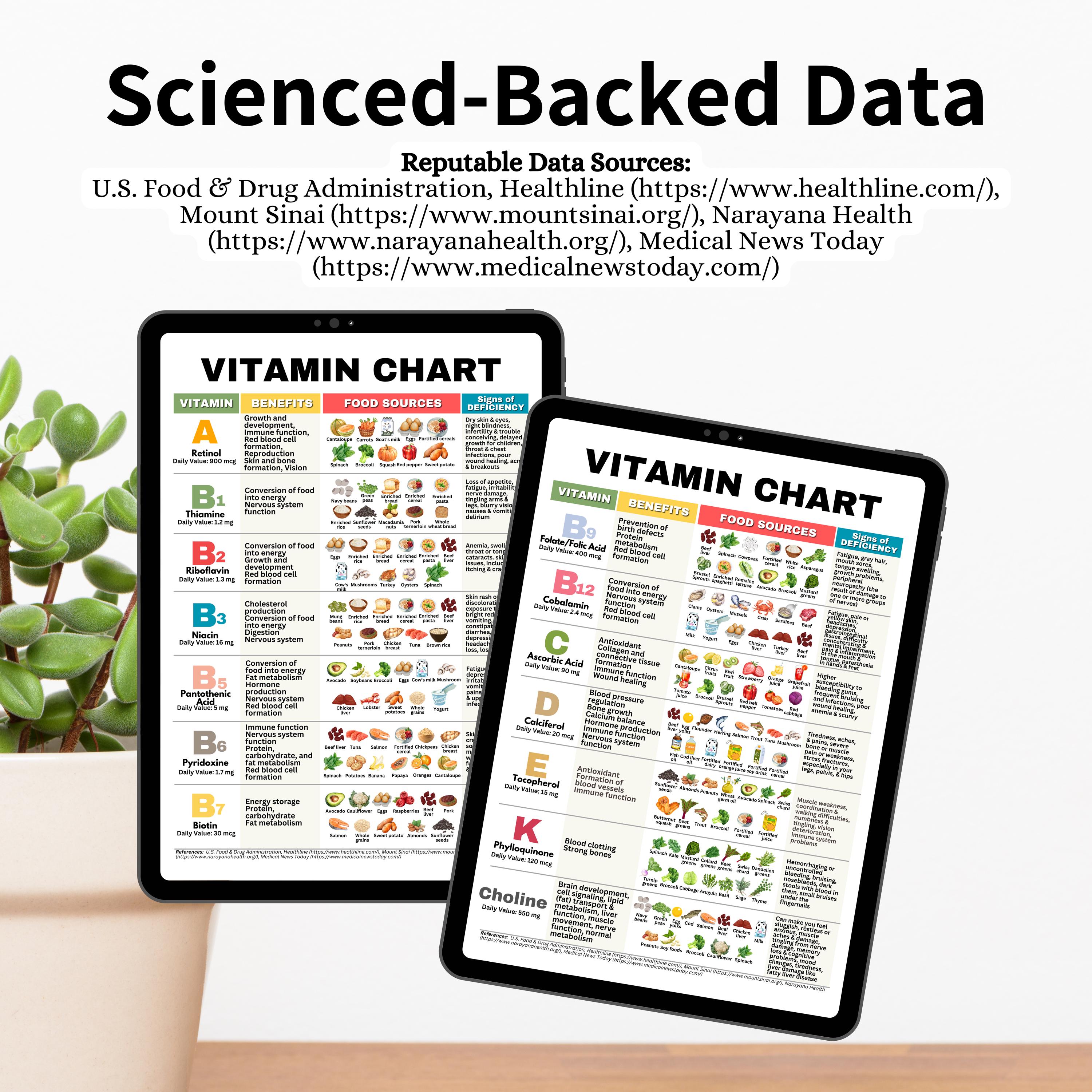 Vitamin Chart Cheat Sheets Visual Guide for All 14 Vitamins, Vitamin ...