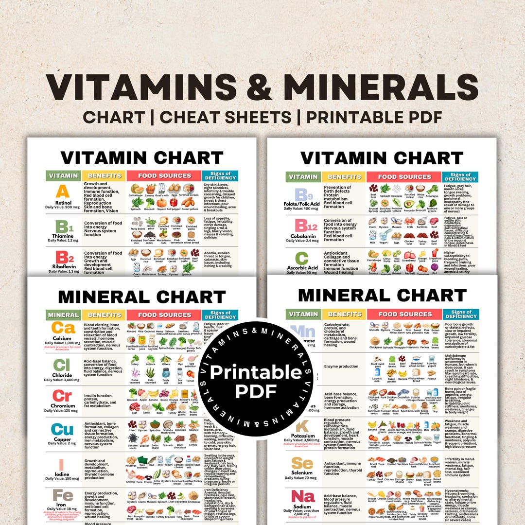 Vitamin & Mineral Chart Cheat Sheets and Visual Guide for All 14 Vitamins, 14 Minerals ...