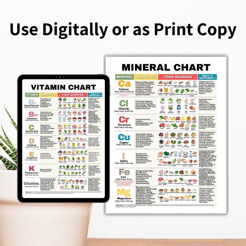 Vitamin & Mineral Chart Cheat Sheets and Visual Guide for All 14 ...