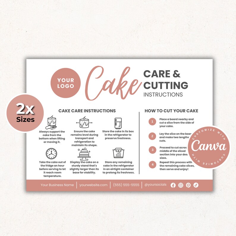 Cake Care Card, Cake Care Instructions, Cake Cutting Guide, Canva ...