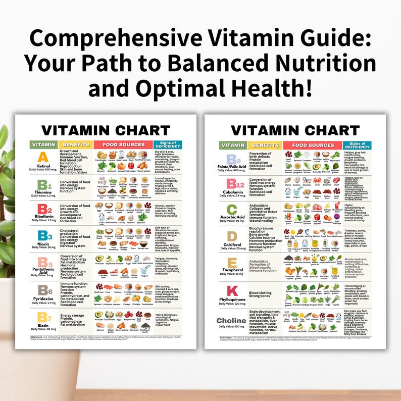 Vitamin Chart Cheat Sheets Visual Guide for All 14 Vitamins, Vitamin Food Sources Chart, Signs ...