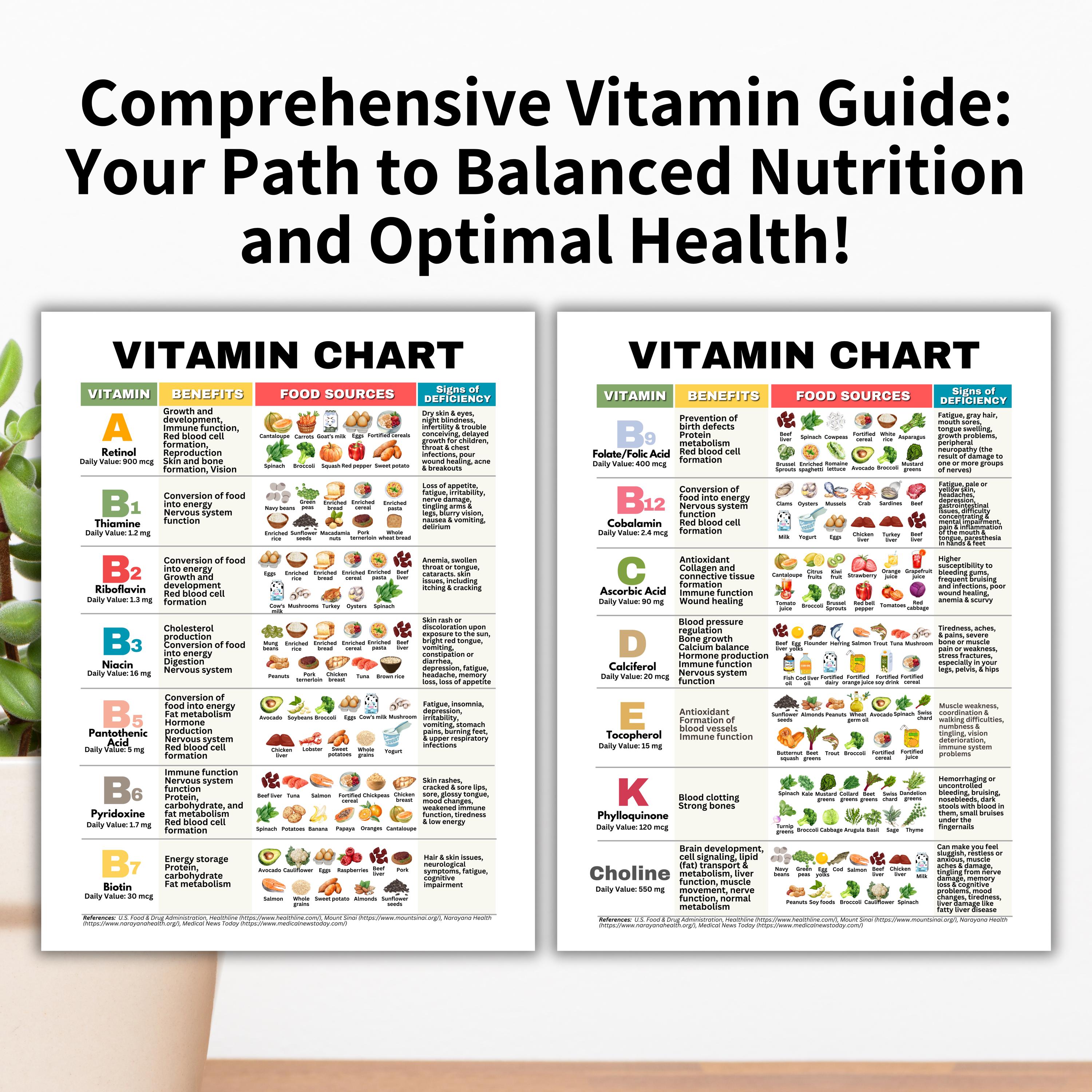 Vitamin Chart Cheat Sheets Visual Guide for All 14 Vitamins, Vitamin ...