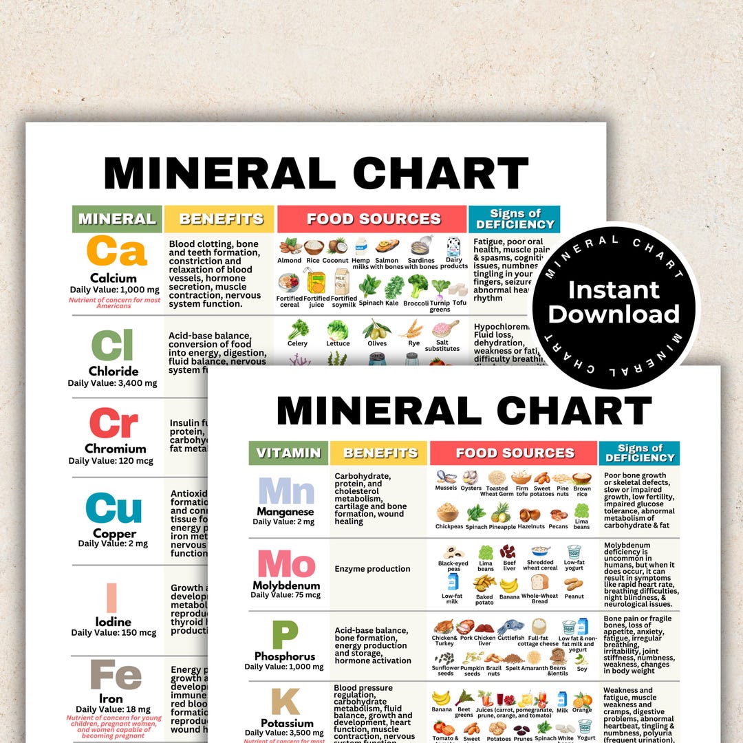 Mineral Chart Cheat Sheets Visual Guide for All 14 Minerals, Mineral Food Sources Chart, Signs ...