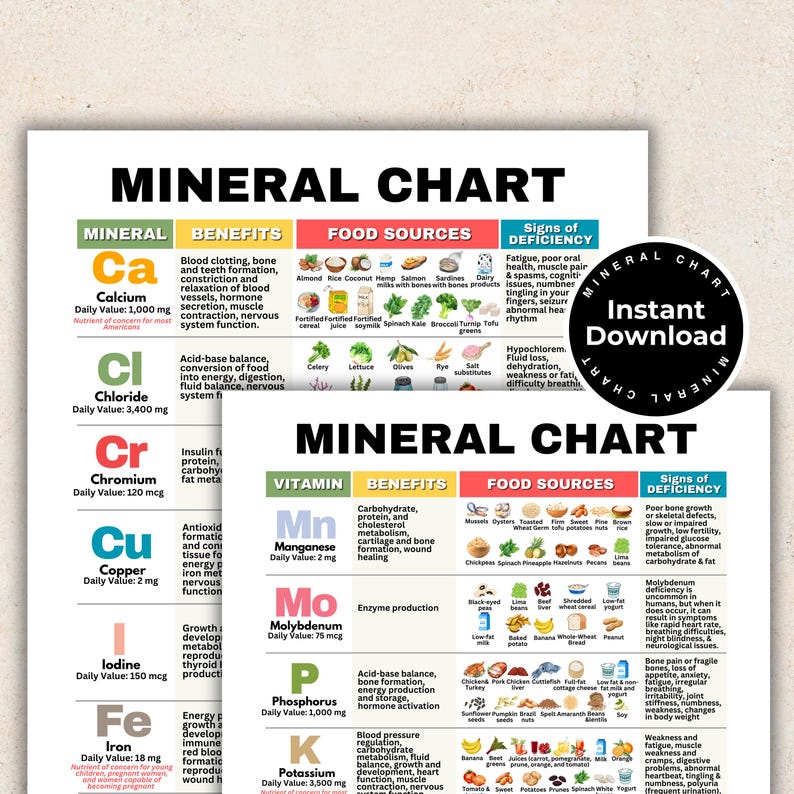Mineral Chart Cheat Sheets Visual Guide for All 14 Minerals, Mineral Food Sources Chart, Signs ...
