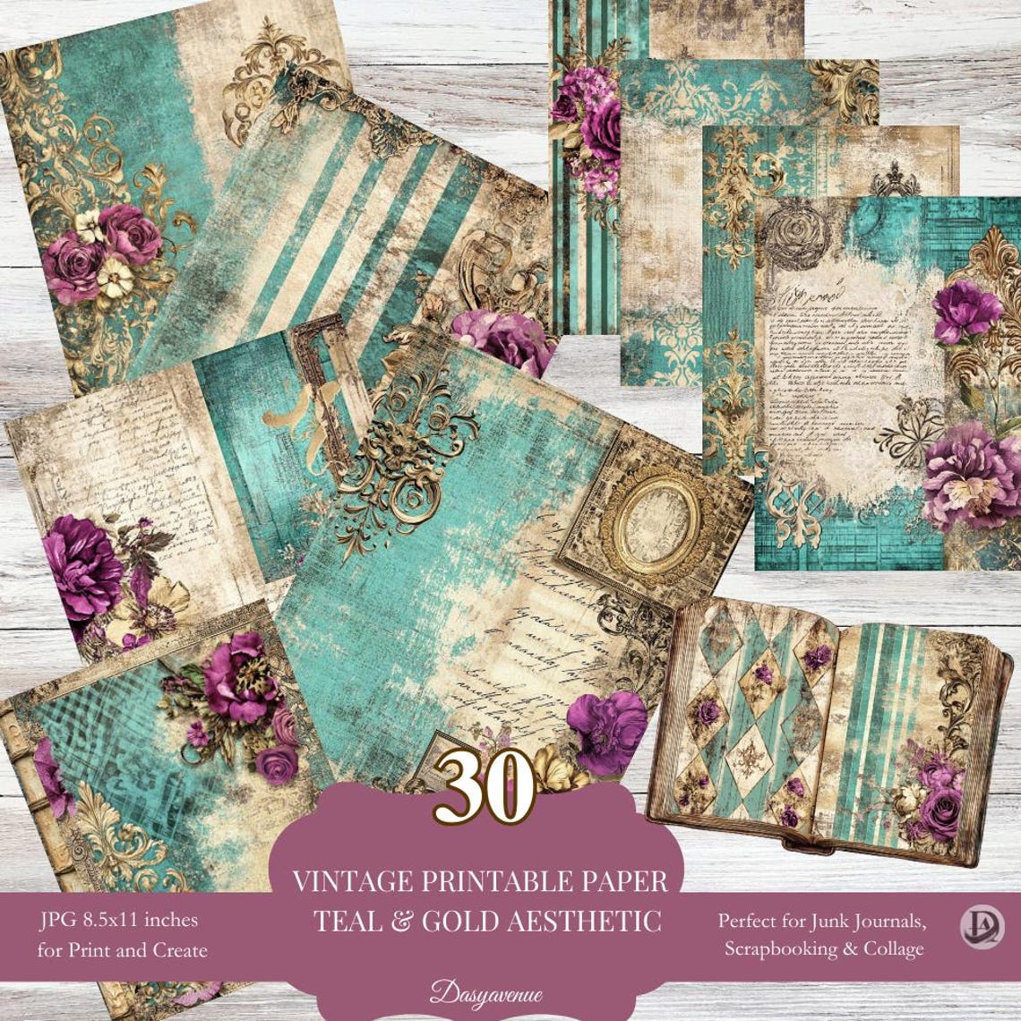 Teal & Gold Vintage Junk Journal Background Pages | Printable ...