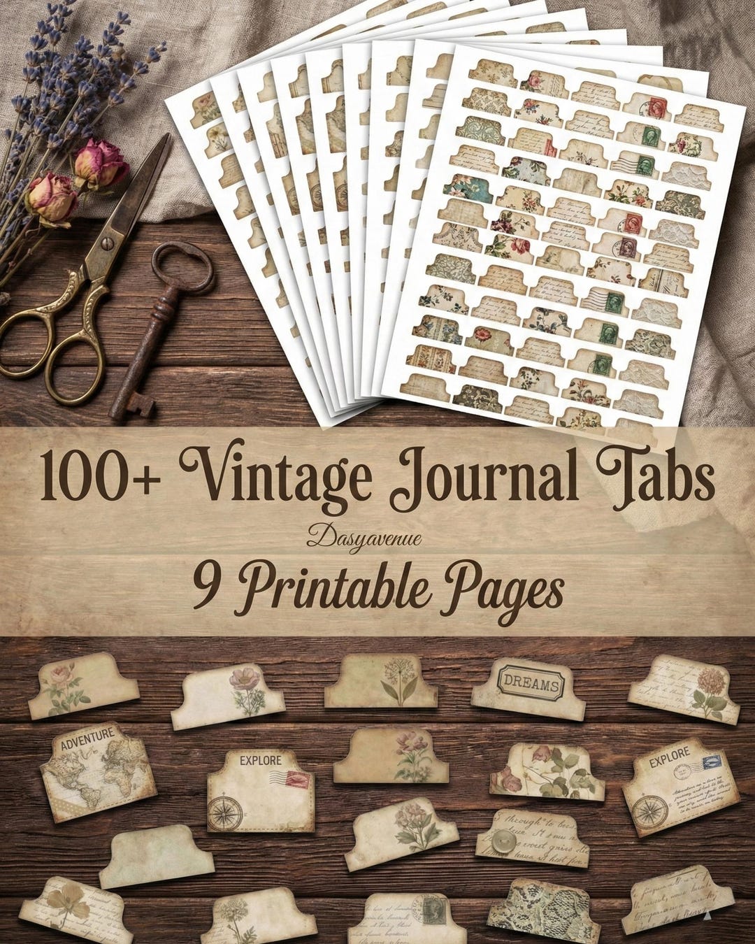 Vintage Journal Tabs Printable, Neutral & Botanical Ephemera Tabs for ...