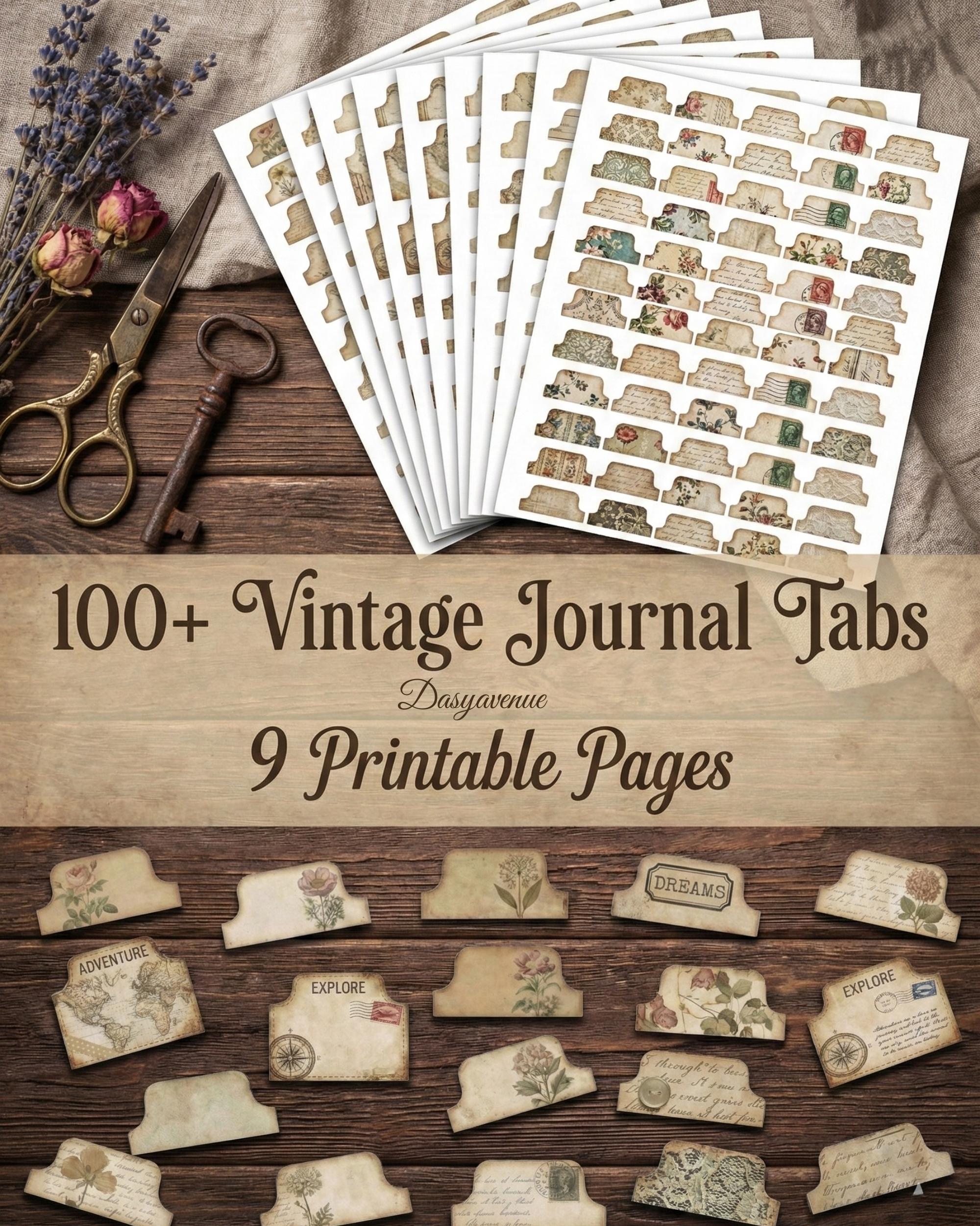 Vintage Journal Tabs Printable, Neutral & Botanical Ephemera Tabs for ...