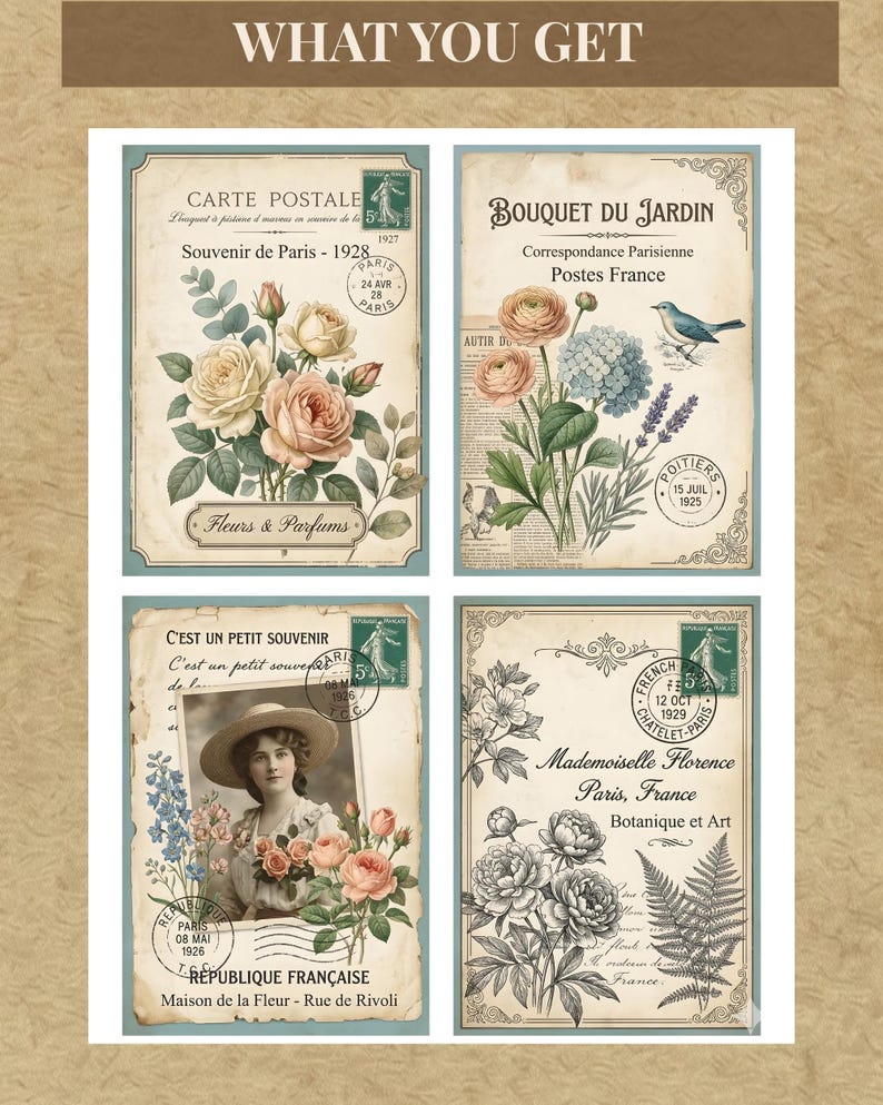 Vintage Paris Postcards Printable, Botanical Ephemera Cards, French ...