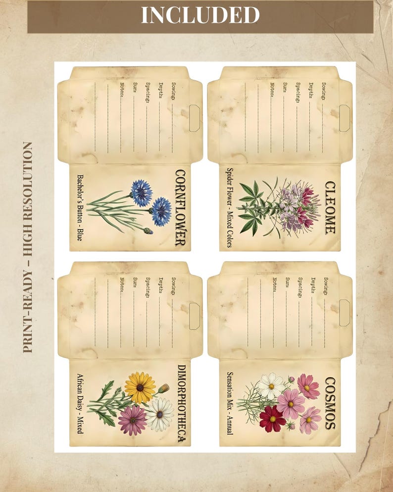 Vintage Spring Flower Seed Packets Printable, Botanical Seed Envelopes ...