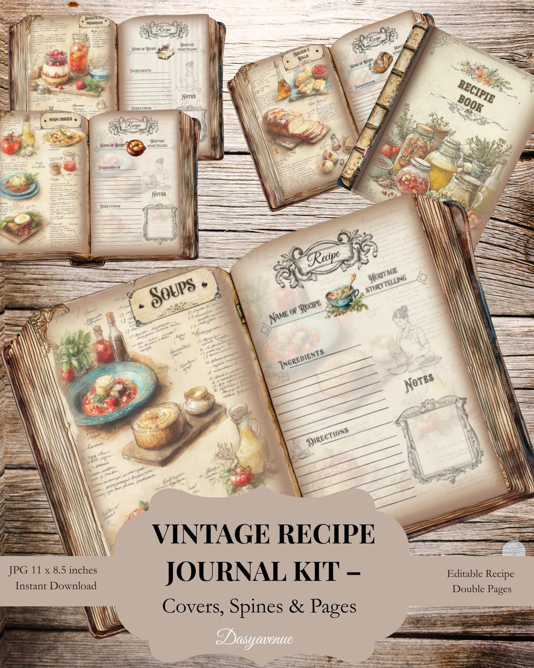 DIY Printable Recipe Journal Kit | Vintage Cookbook Pages, Covers ...