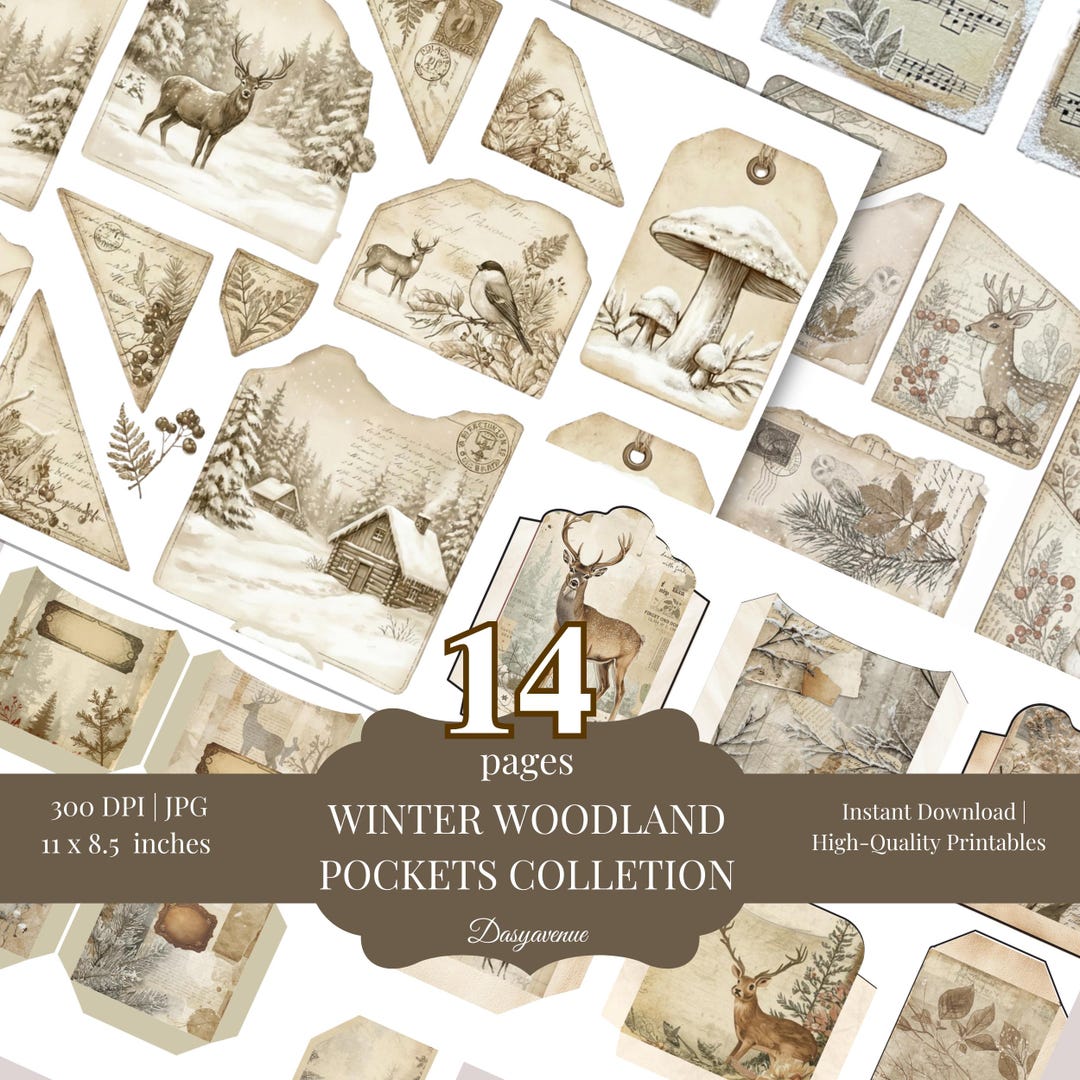 Winter Woodland Junk Journal Pocket Set, Vintage Forest Pockets ...