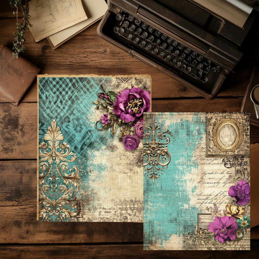 Teal & Gold Vintage Junk Journal Background Pages | Printable ...