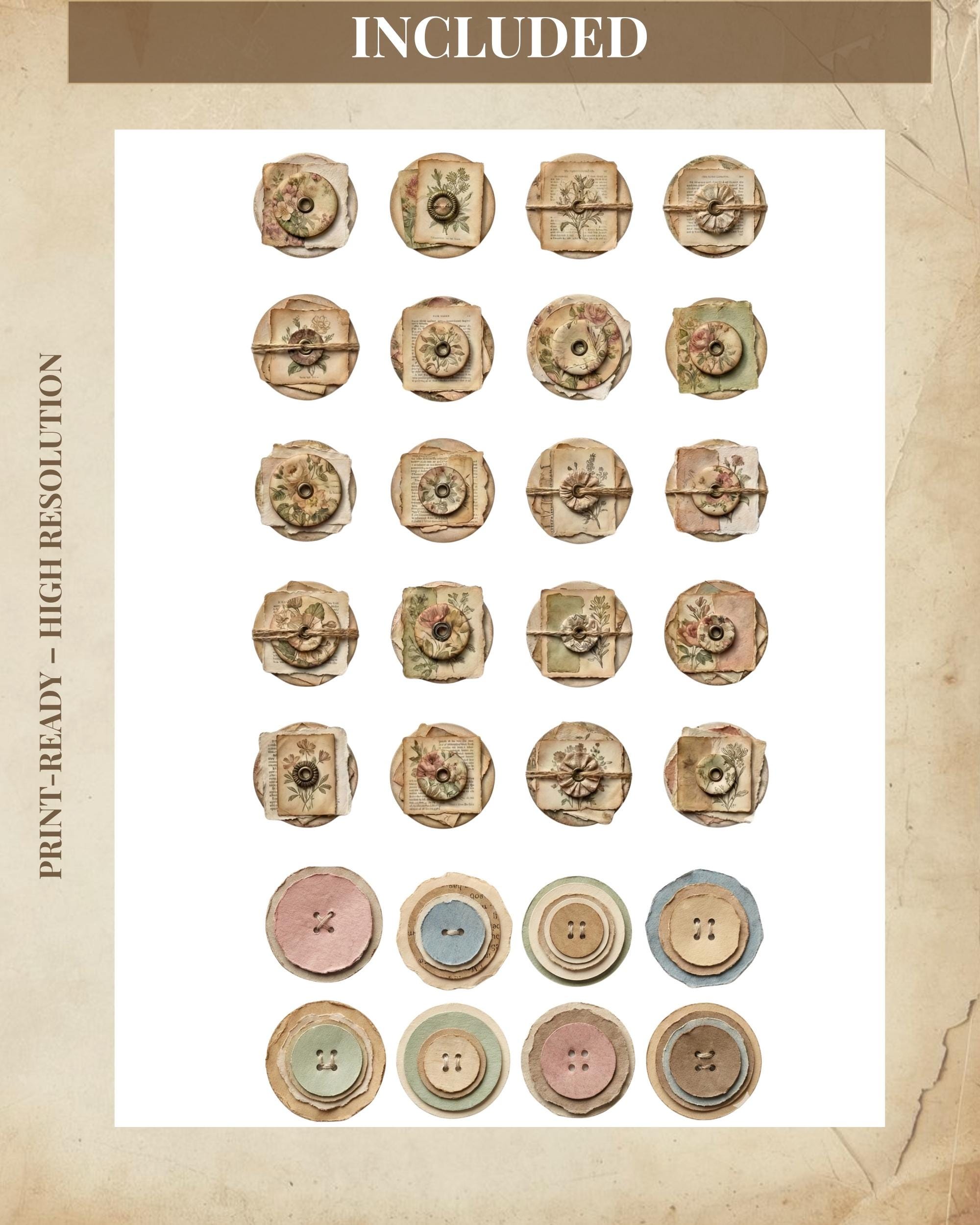 Vintage Paper Buttons Printable, Antique Sewing Button Ephemera, Junk ...