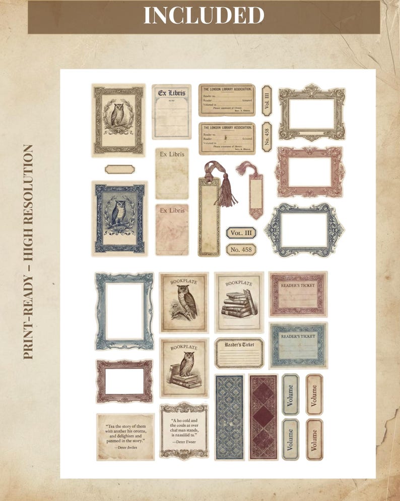 Vintage Library Ephemera Printable, Old Books Paper, Antique Labels ...