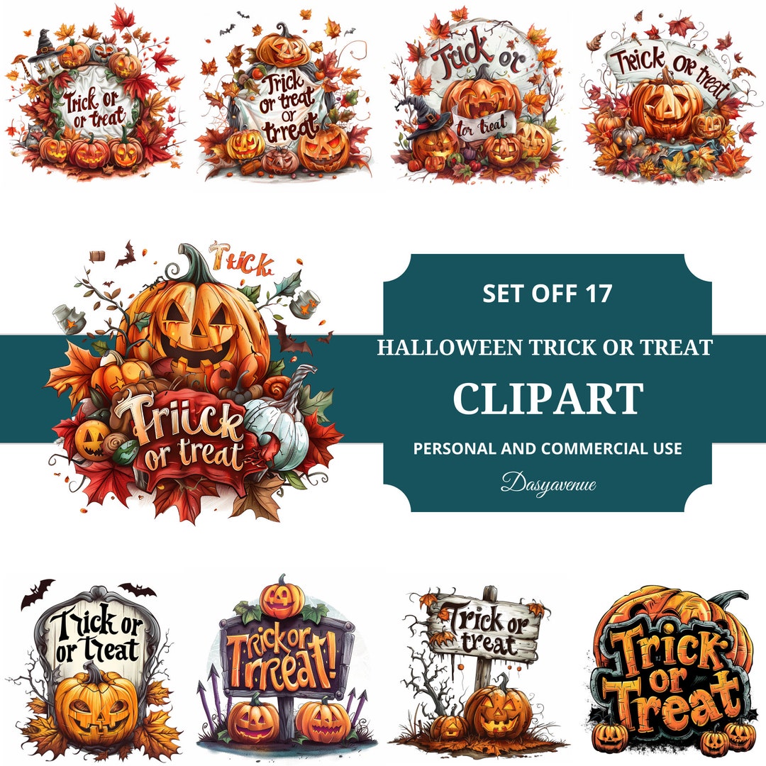 Halloween Trick or Treat Clipart Set Spooky Pumpkin Designs, Perfect ...