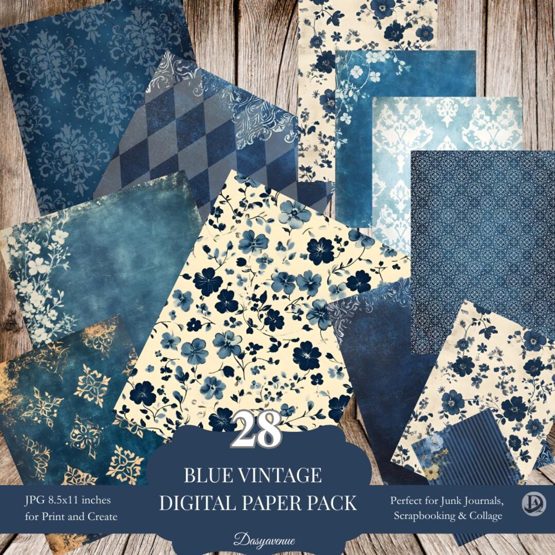 Blue Vintage Floral Digital Paper, Junk Journal Set, Scrapbooking ...