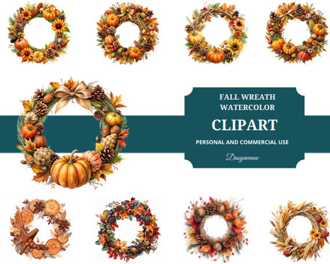 16 Fall Wreath Clipart, Thanksgiving PNG, Fall PNG, Fall Watercolor ...