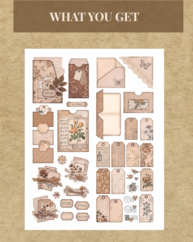 Vintage Sepia Ephemera Printable, Botanical Junk Journal Pages, Shabby ...