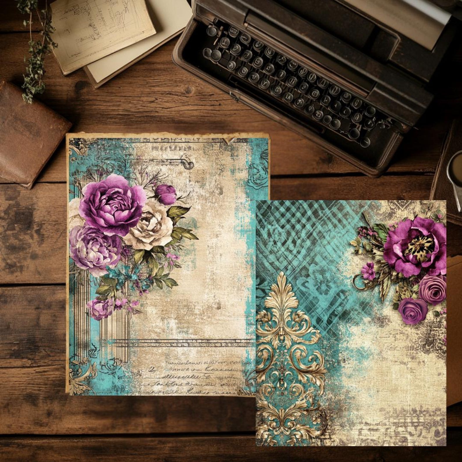 Teal & Gold Vintage Junk Journal Background Pages | Printable ...