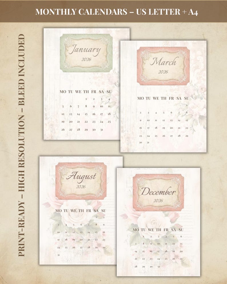 A4 & US Letter Shabby Chic Planner | 44 Pages Vintage Printable Journal ...