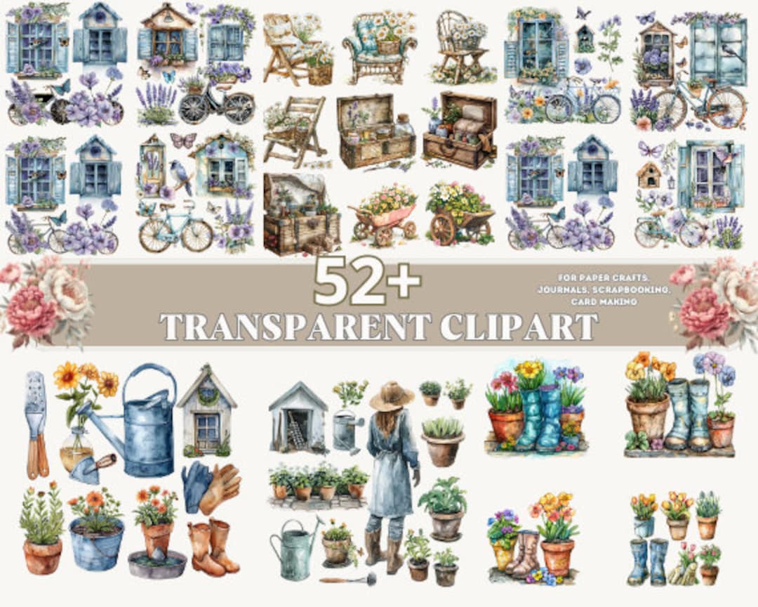 Vintage Garden Clipart Bundle Cottage Core PNG Watercolor Illustrations ...