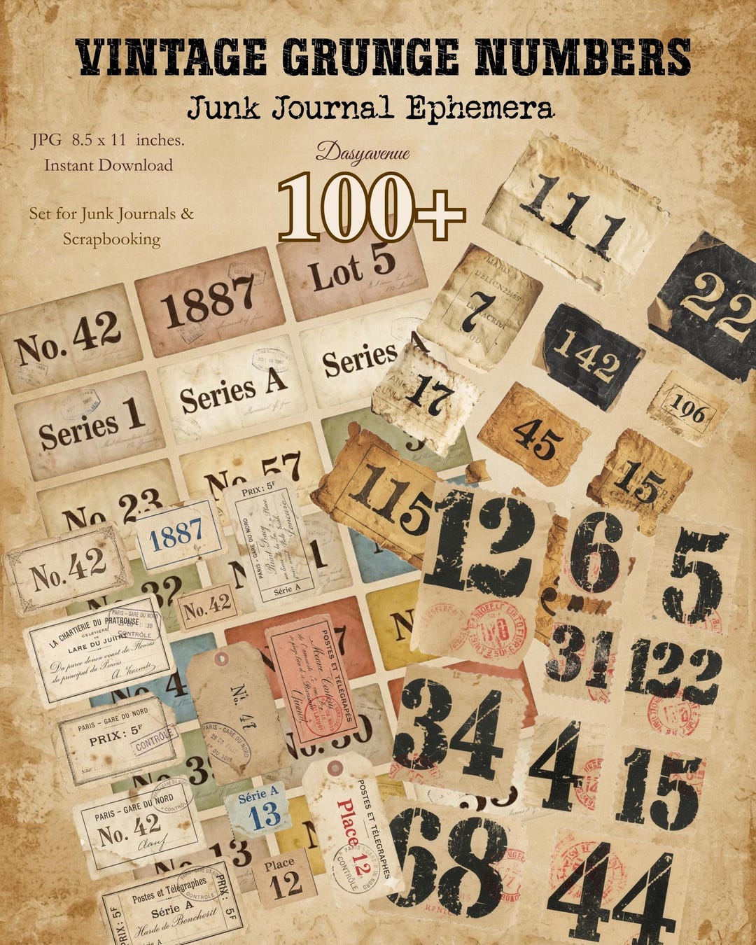 Vintage Grunge Numbers Printable Snippets Pages, Antique Number ...