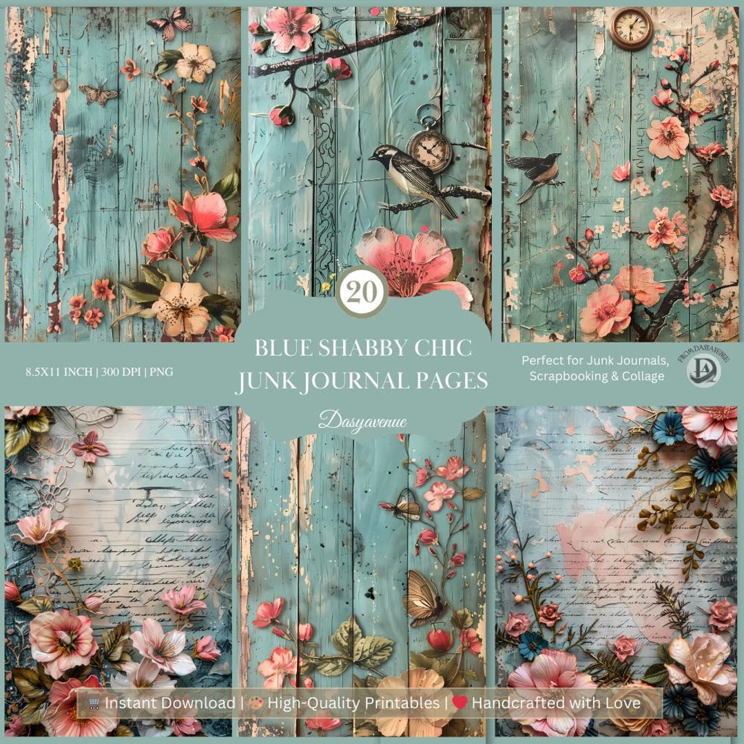 20 Blue Shabby Chic Digital Paper for Junk Journals, Scrapbook Pages ...