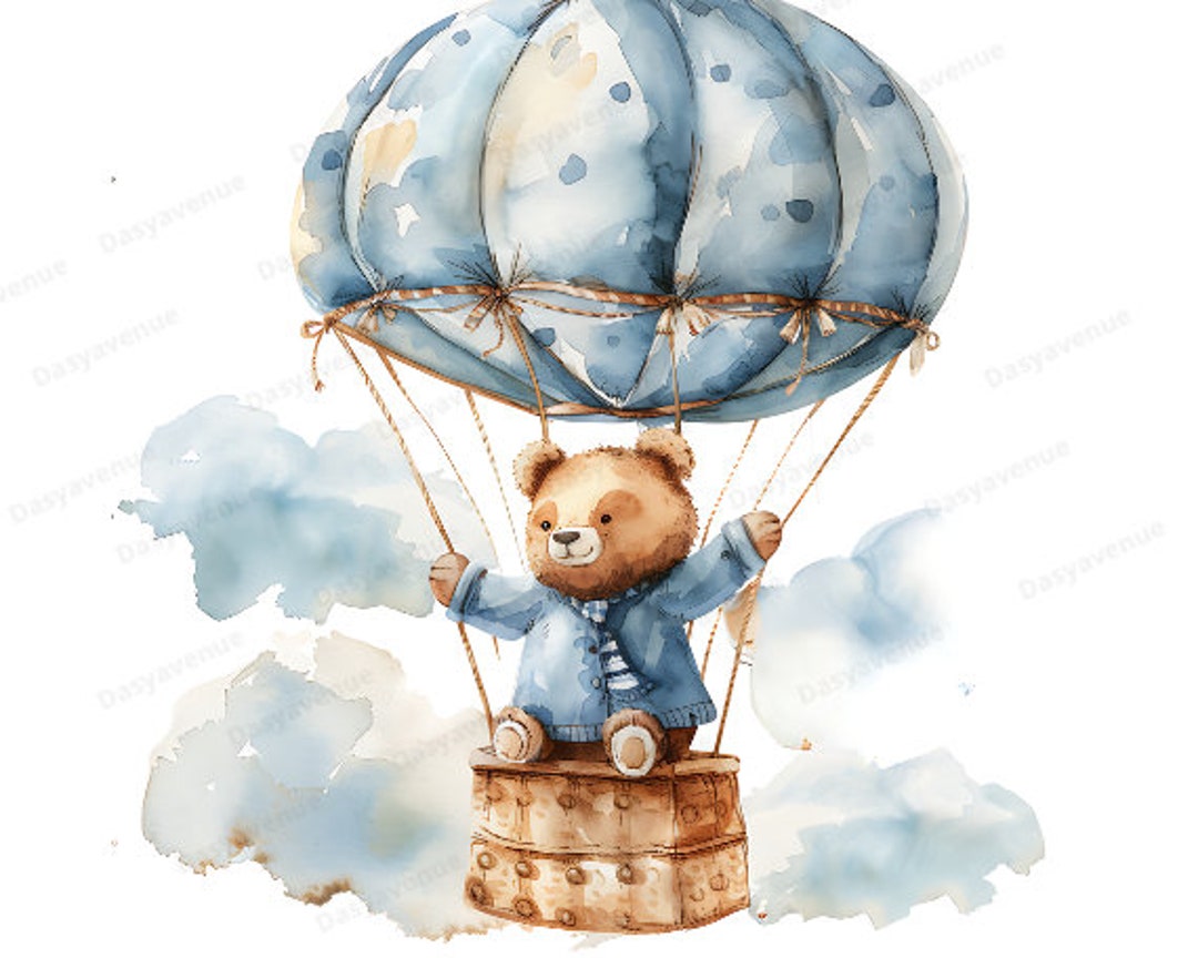 Watercolor Teddy Bear Hot Air Balloon Clipart Cute Baby Nursery Decor ...