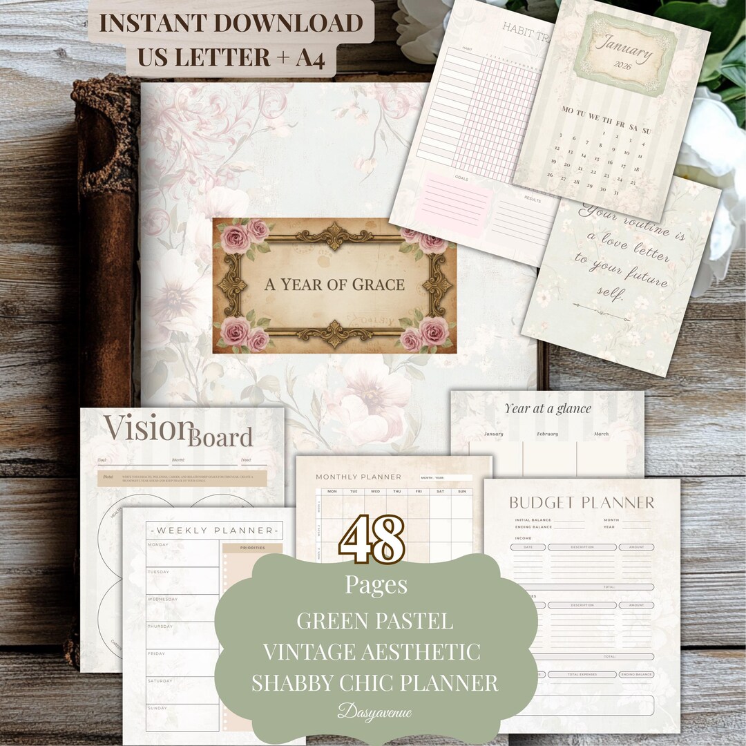 Green Shabby Chic Planner 2026| 48 Pages Vintage Printable Journal ...