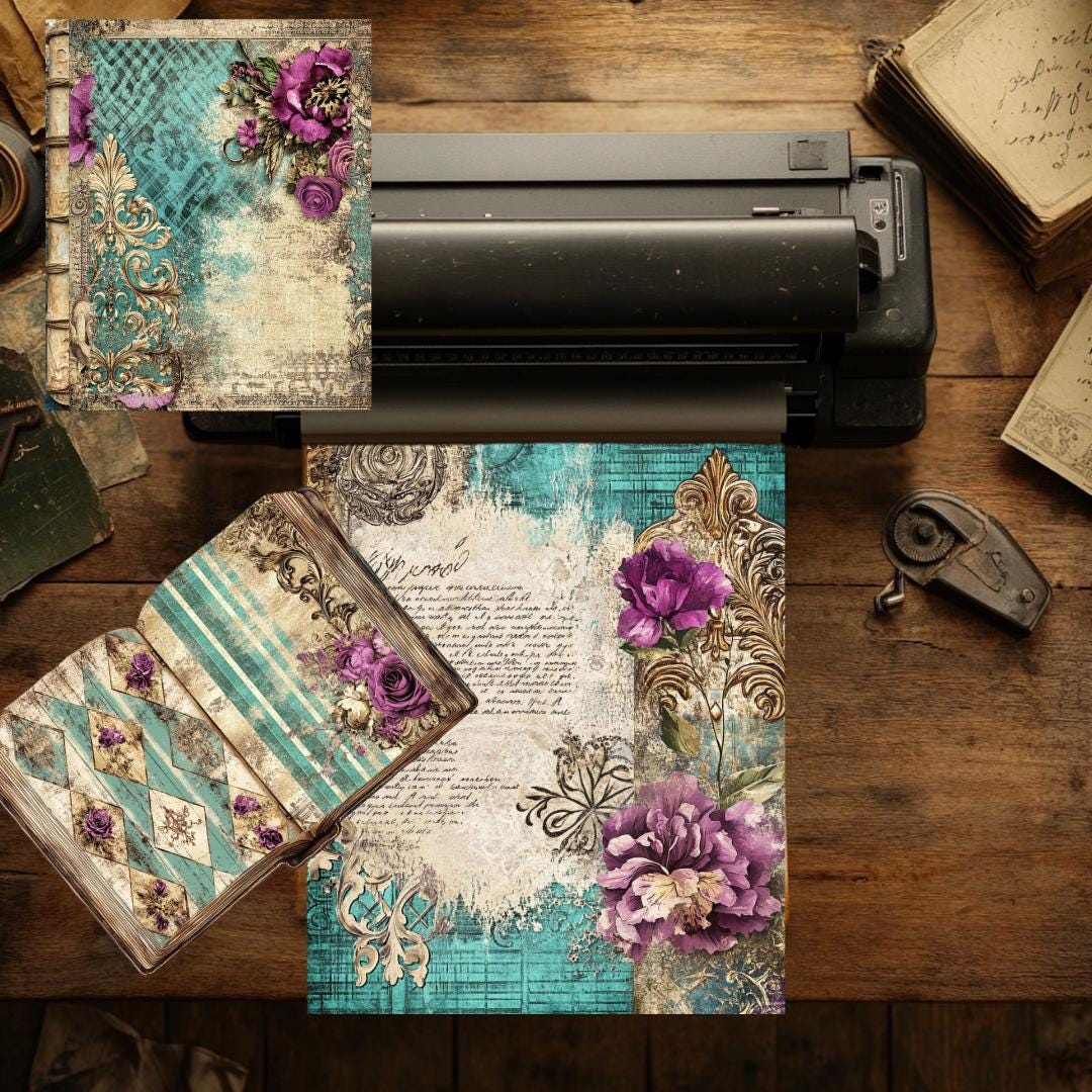 Teal & Gold Vintage Junk Journal Background Pages | Printable ...