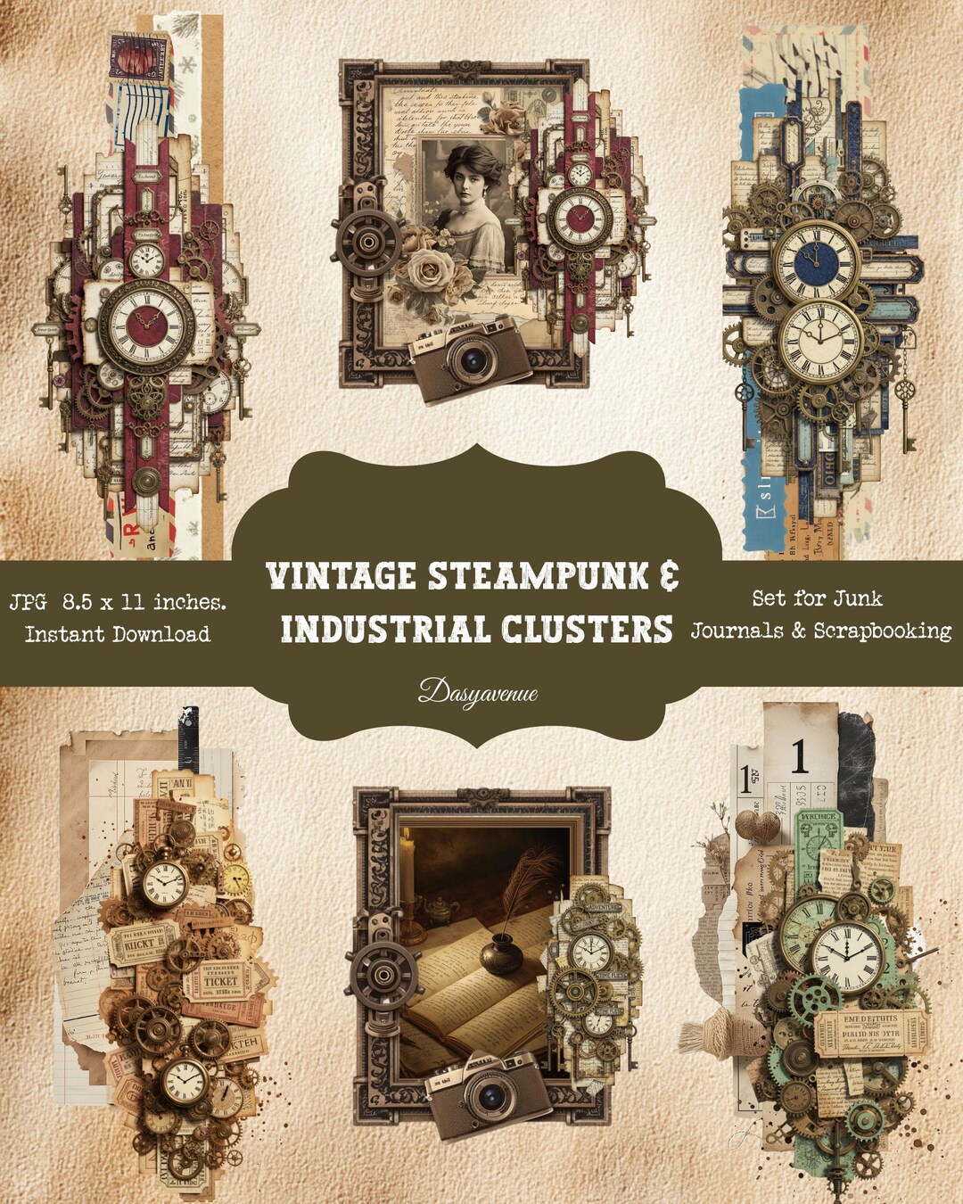 Steampunk Junk Journal Clusters, Industrial Gears Clipart, Vintage ...