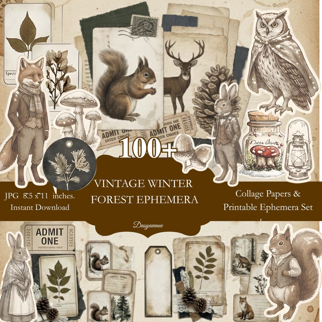 Vintage Winter Woodland Ephemera Bundle - Junk Journal Kit, Printable ...