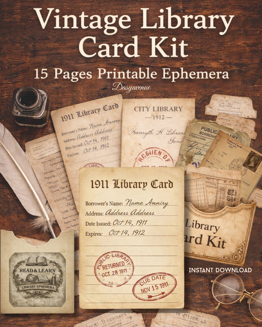 Vintage Library Card Printable Pages, Old Library Cards & Pockets, Junk ...