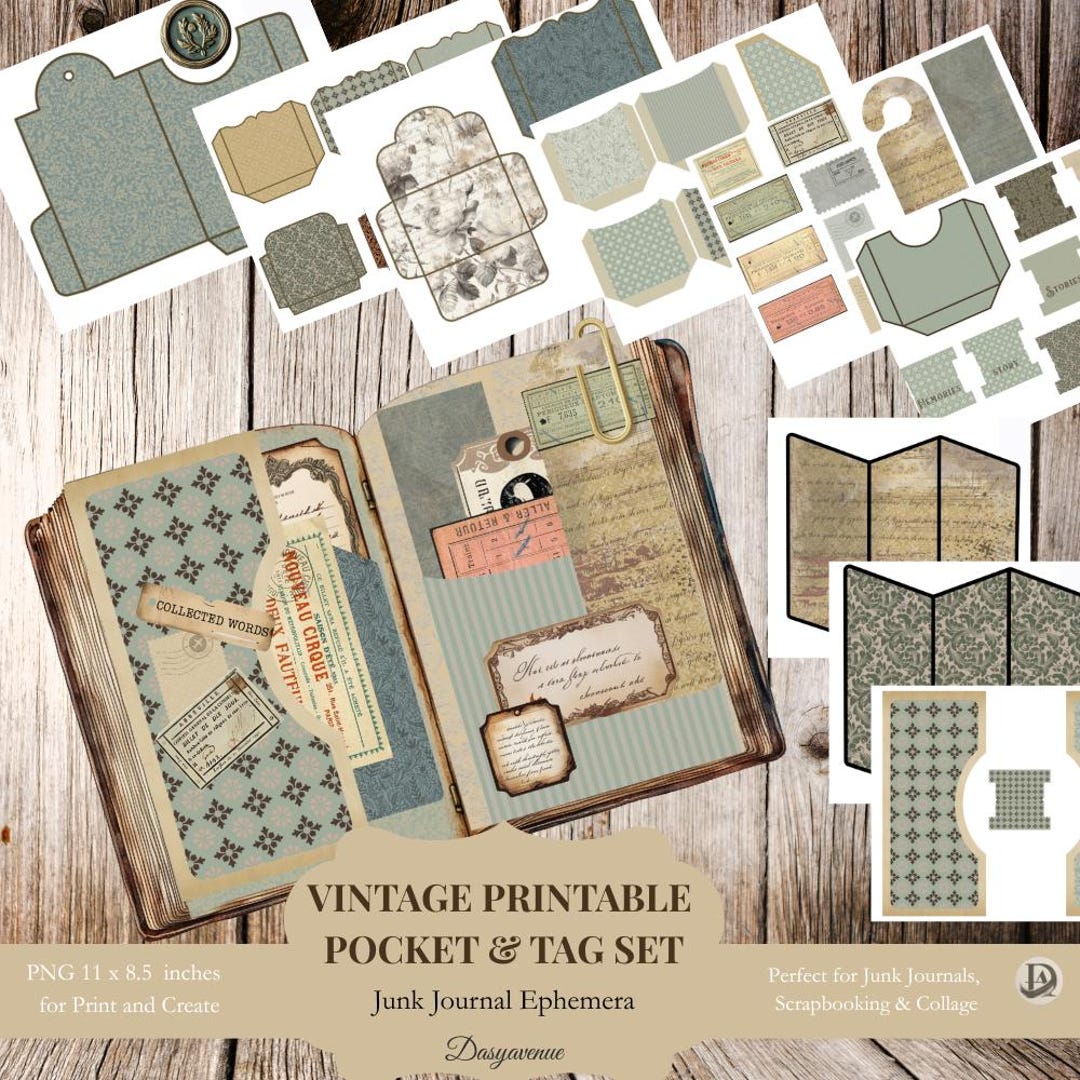 Printable Vintage Junk Journal Set – Pockets, Envelope, Tags & Ephemera ...