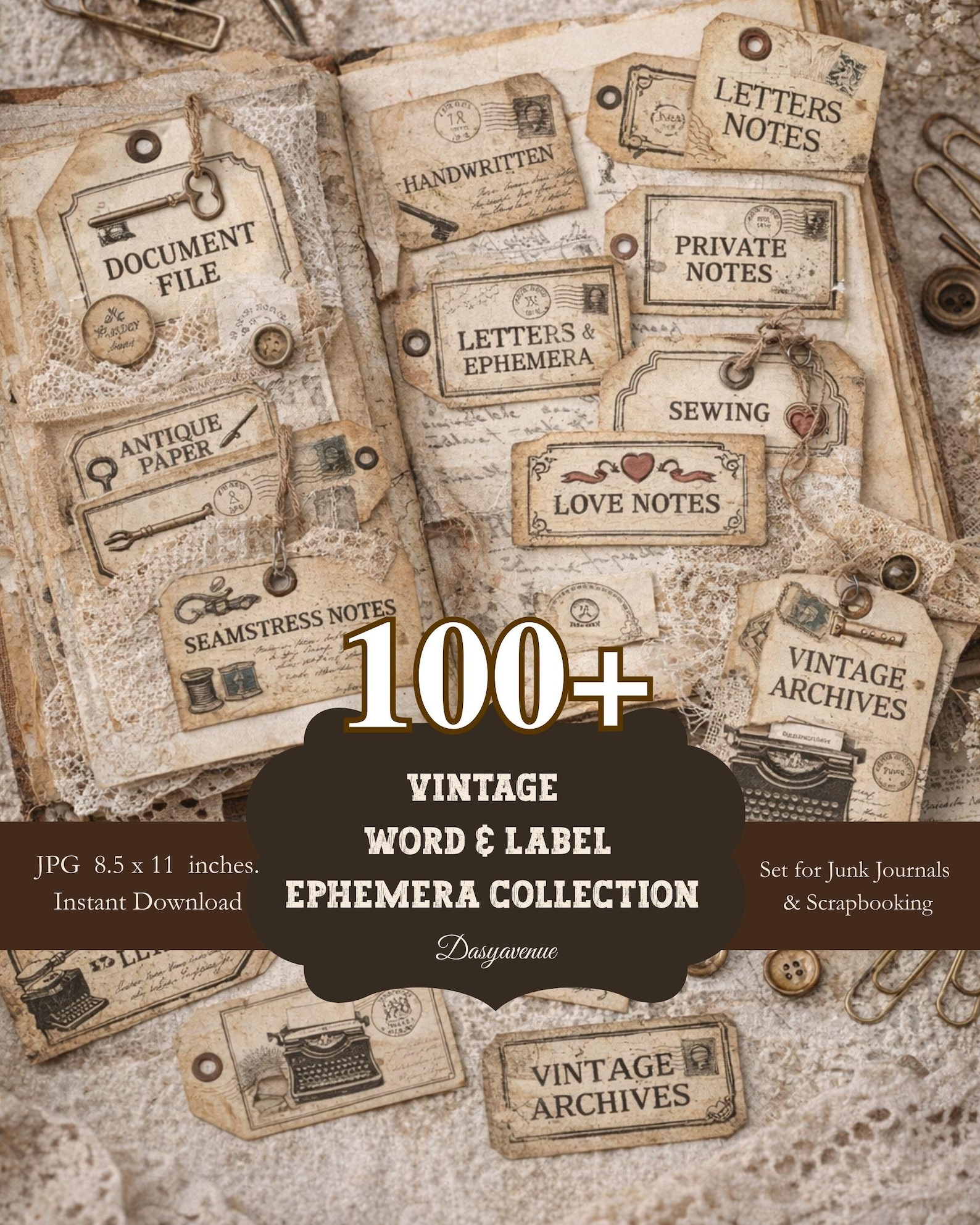 Vintage Word & Label Ephemera Collection for Junk Journals, Sewing ...