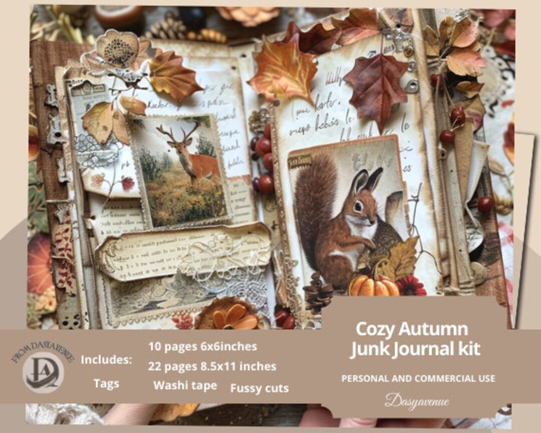 Cozy Autumn Junk Journal Kit Printable Vintage Fall Pages, Tags, Washi ...