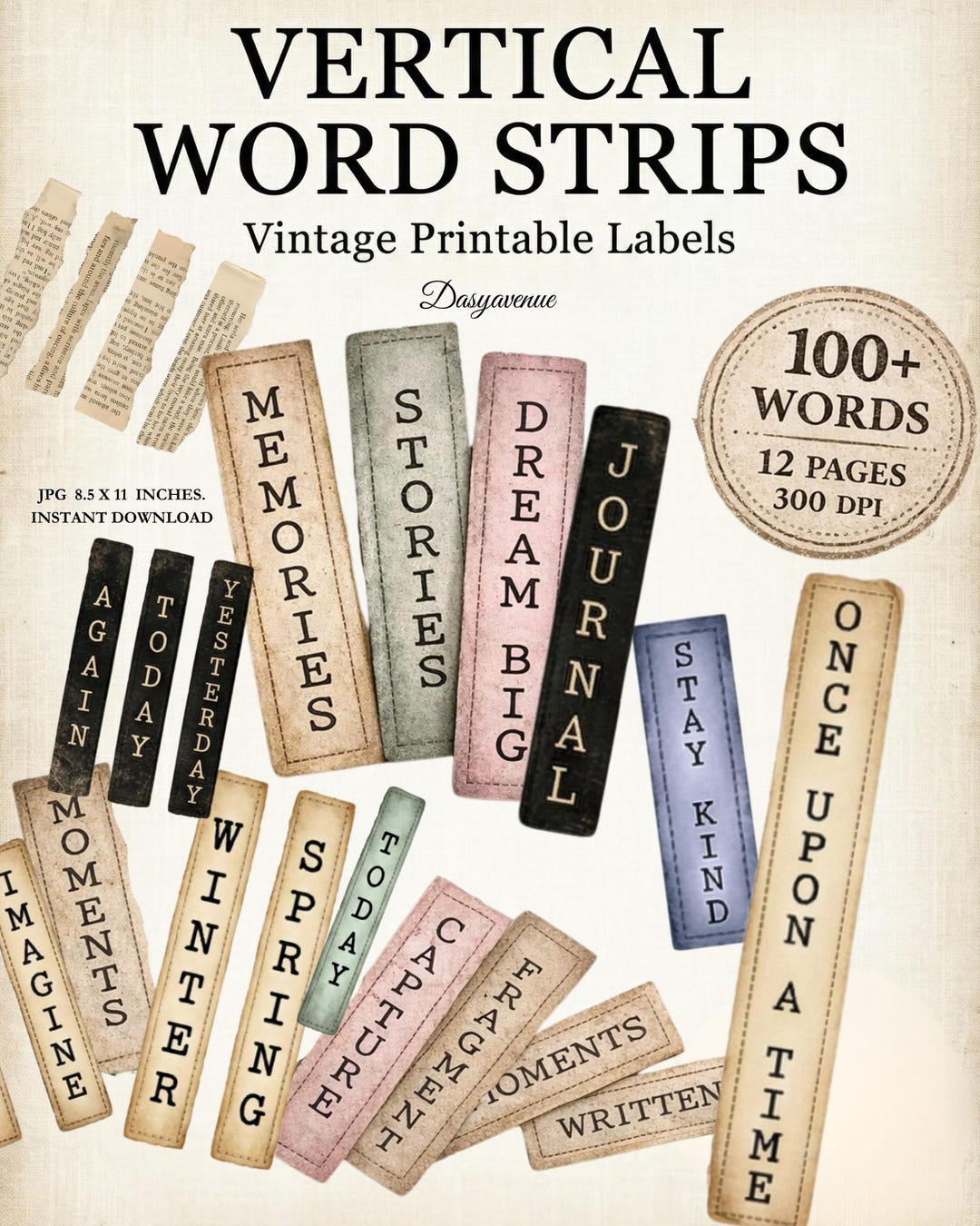 Vintage Vertical Word Strips Printable for Junk Journal, Shabby Chic ...