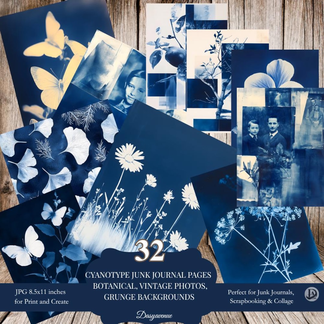 Cyanotype Junk Journal Pages | 32 Printable Vintage Blue Botanical ...