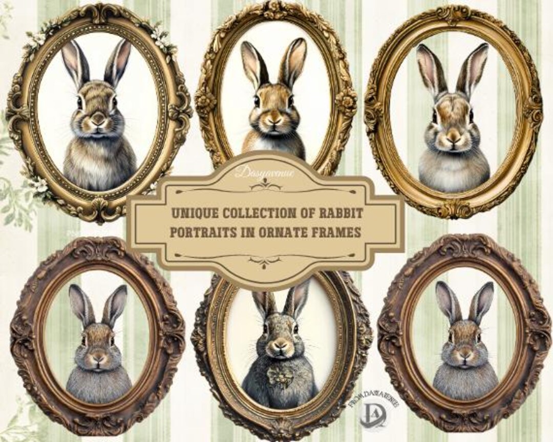 Еlegant Rabbit Portraits in Ornate Frames - Unique Wall Art, Bunny Home ...