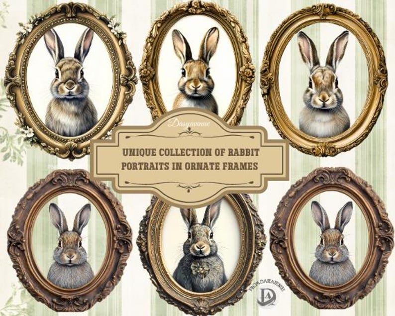 Еlegant Rabbit Portraits in Ornate Frames - Unique Wall Art, Bunny Home ...