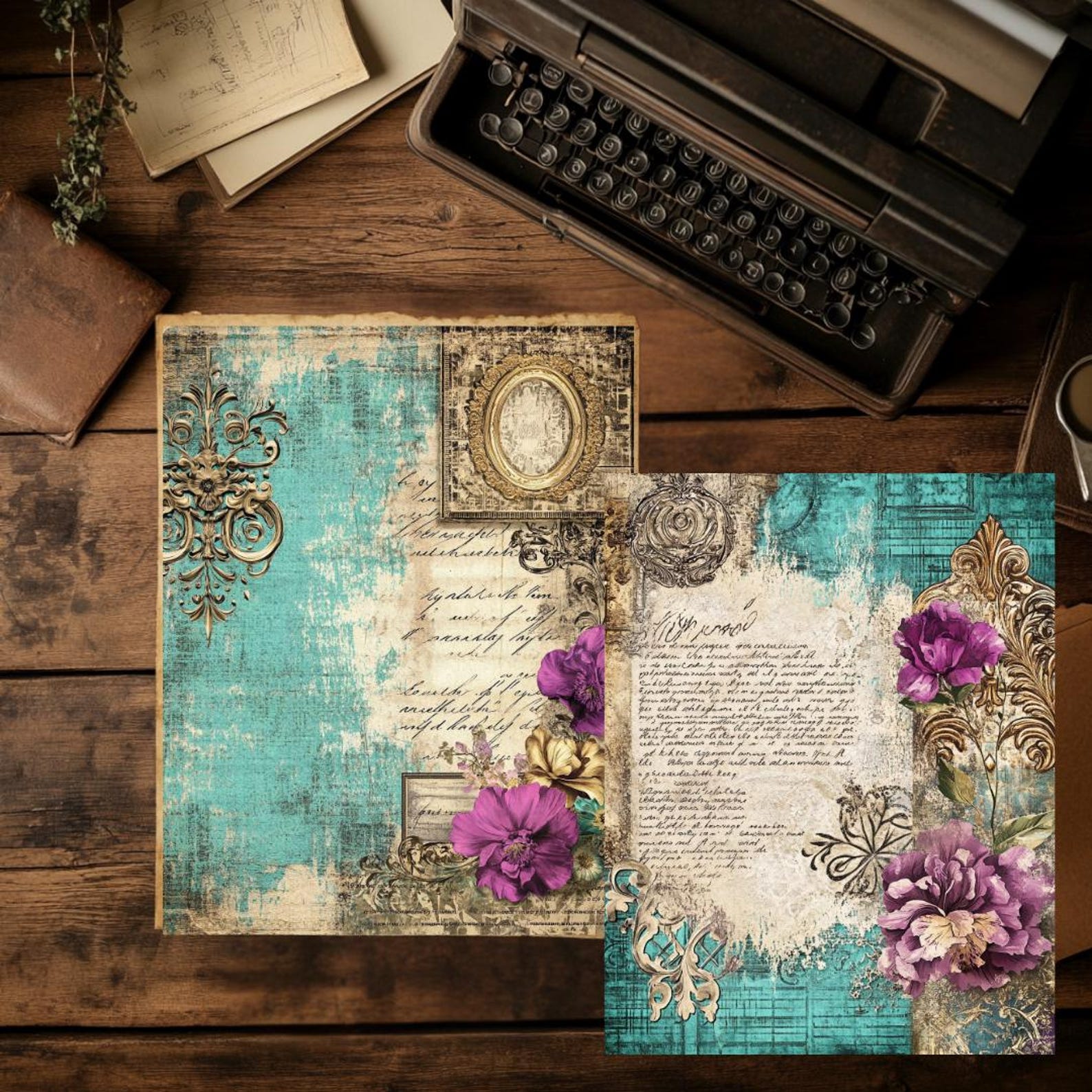 Teal & Gold Vintage Junk Journal Background Pages | Printable ...