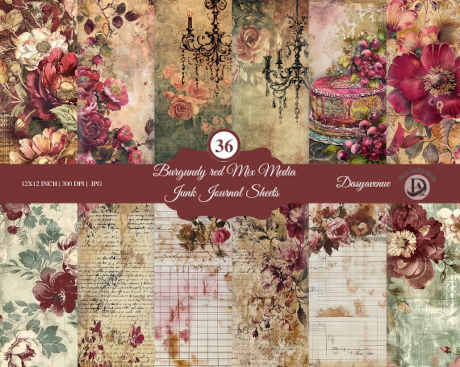 36 Burgundy Red Vintage Junk Journal Pages | Printable Scrapbooking ...