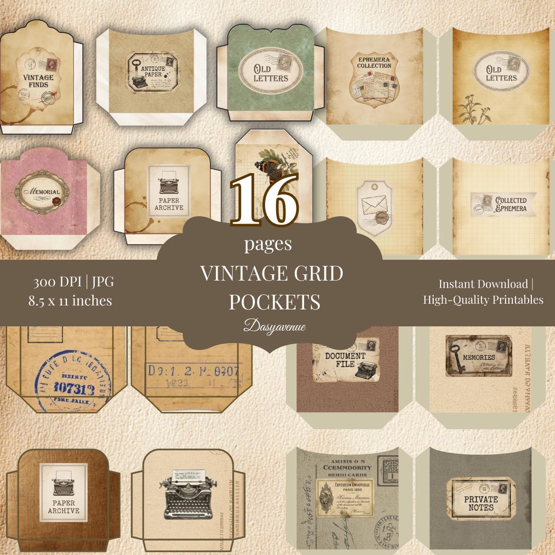 Vintage Grid Pockets for Junk Journal, Antique Paper Ephemera, Collage ...