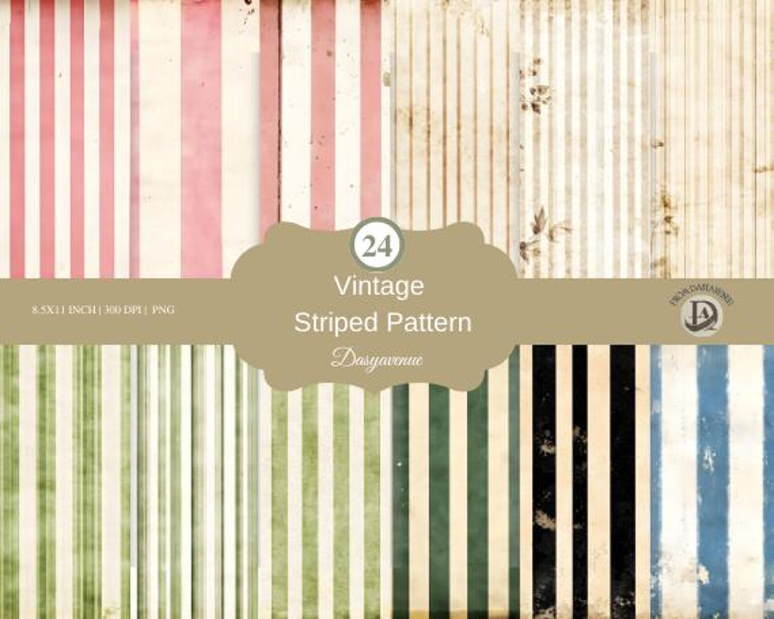 Stripe Vintage Pattern Set - 24 Printable Pages, Distressed Stripes ...