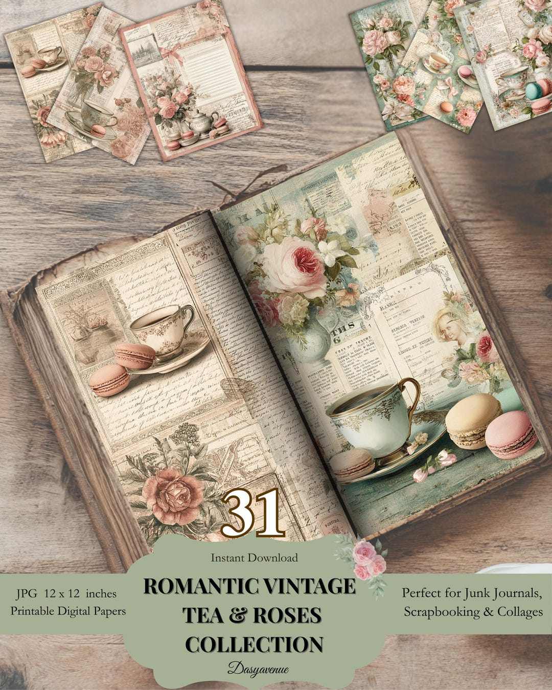 Vintage Tea Roses Junk Journal Pages, Shabby Chic Printable Ephemera ...