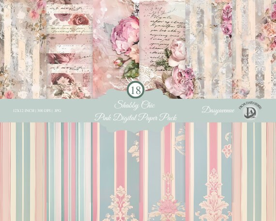Shabby Chic Pink Digital Paper Pack - Vintage Floral Backgrounds ...