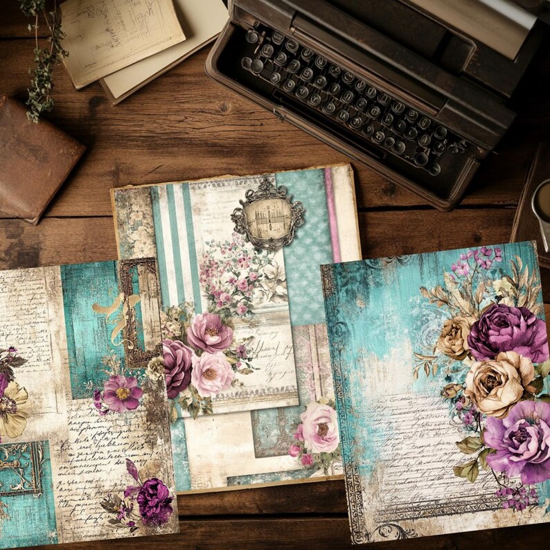 Teal & Gold Vintage Junk Journal Background Pages | Printable ...