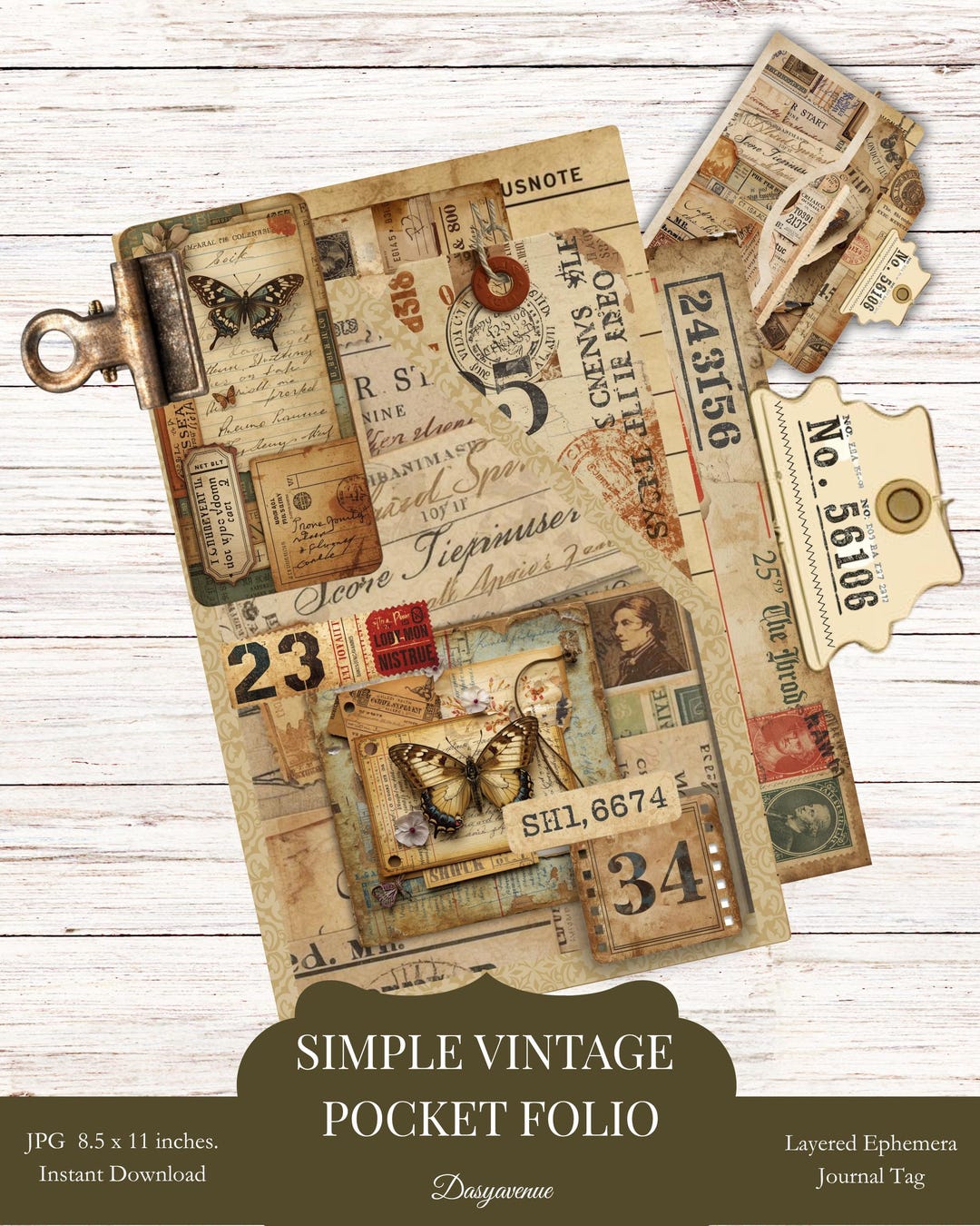 Simple Vintage Pocket Folio Tag | Layered Ephemera Journal Tag ...