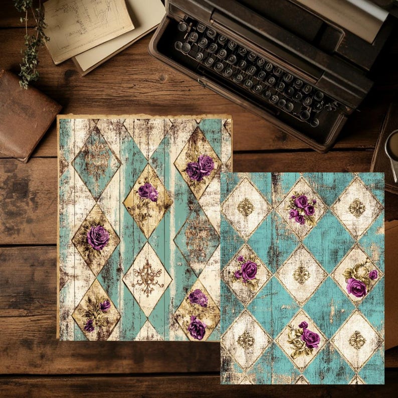 Teal & Gold Vintage Junk Journal Background Pages | Printable ...