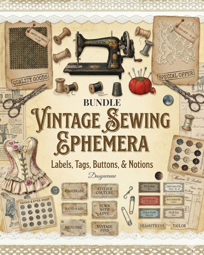 Vintage Sewing Ephemera Bundle for Junk Journal, Antique Sewing Labels ...